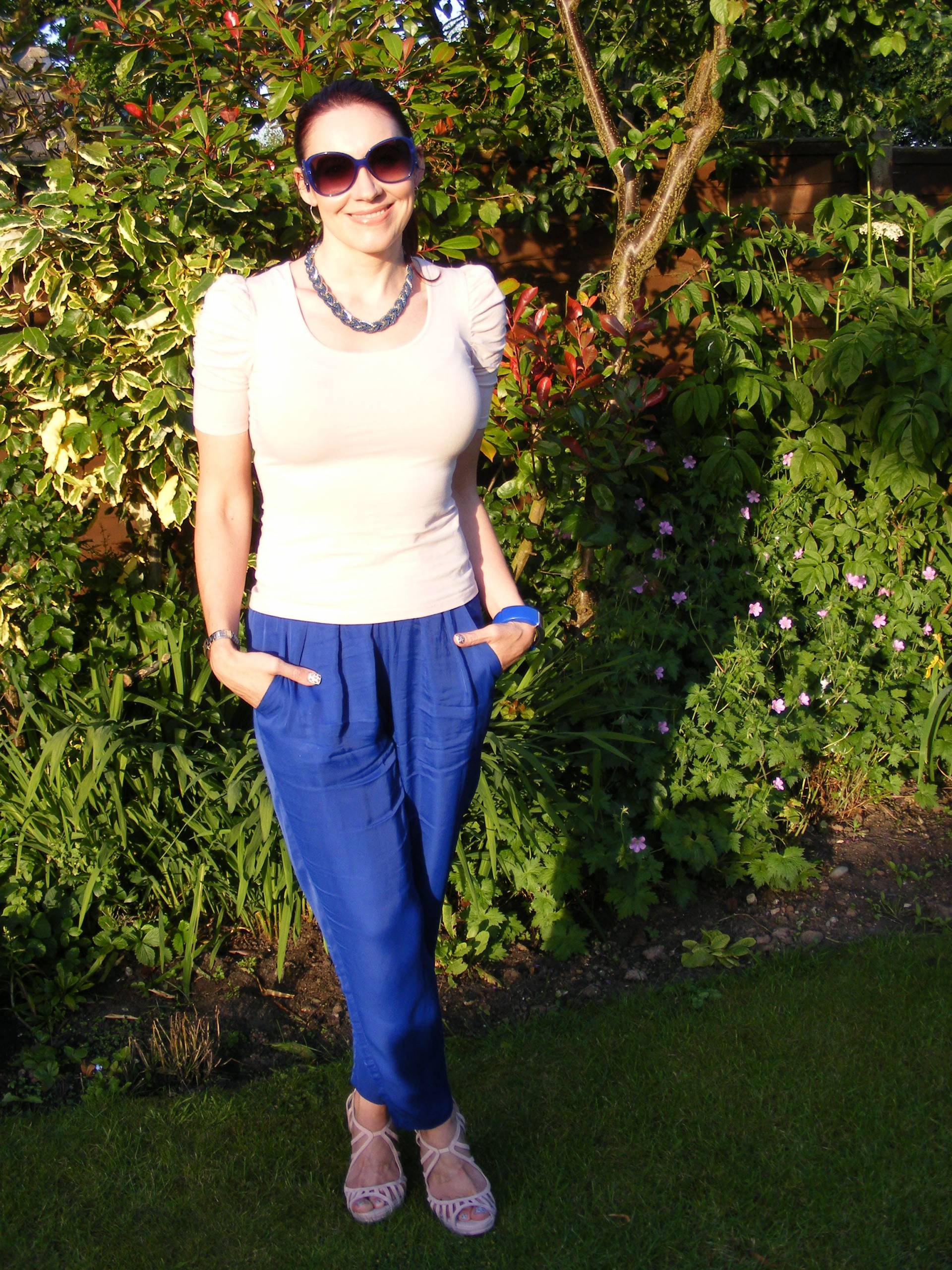 Mary Portas Blue Trousers and Blush Pink Top - Style Splash